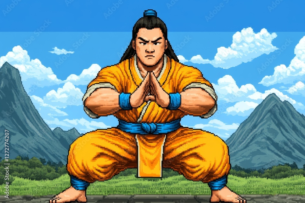 A pixelated 8-bit Tai Chi fighter, smoothly transitioning between ...