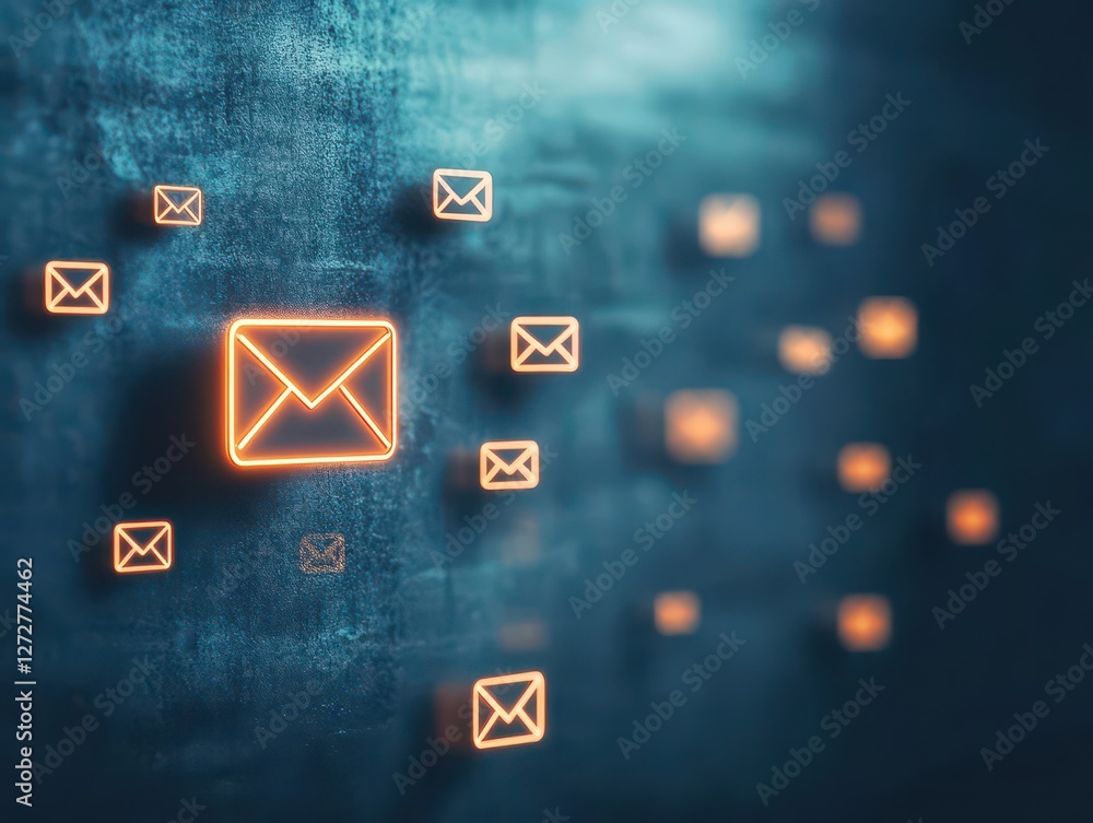 Phishing attack concept, glowing email icon with warning symbols, dark ...
