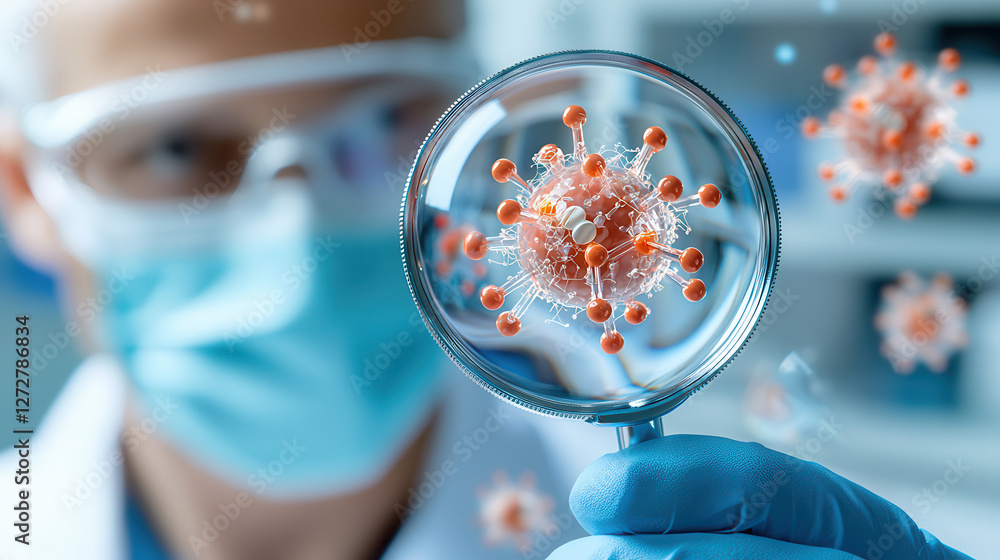 Scientist examining virus structure through magnifying glass ...