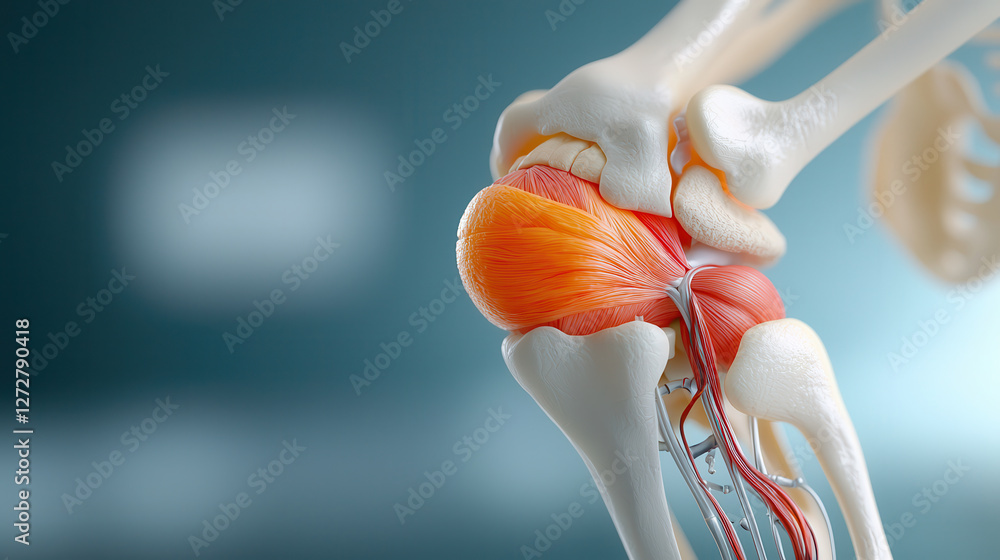 Anatomical illustration of human knee joint, showcasing muscles ...