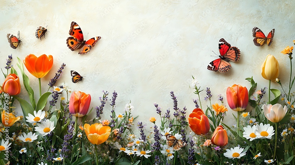 Butterflies and bees flitting around tulips, daisies, and lavender ...
