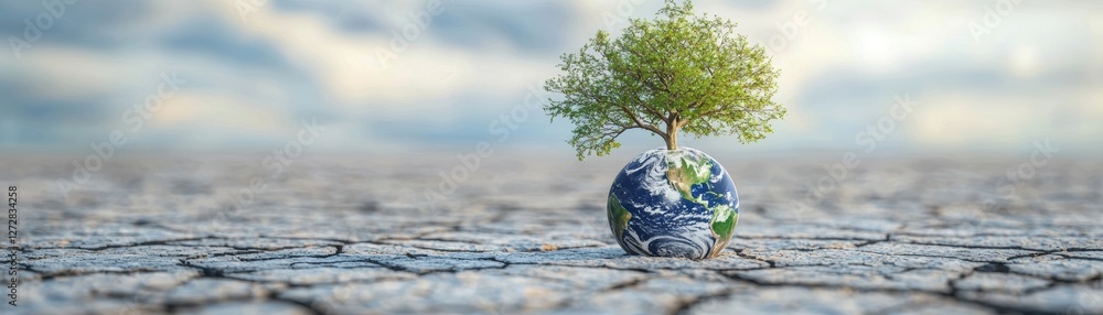 Global ai insights in climate predictive modeling represented by a small tree grows on a cracked ...