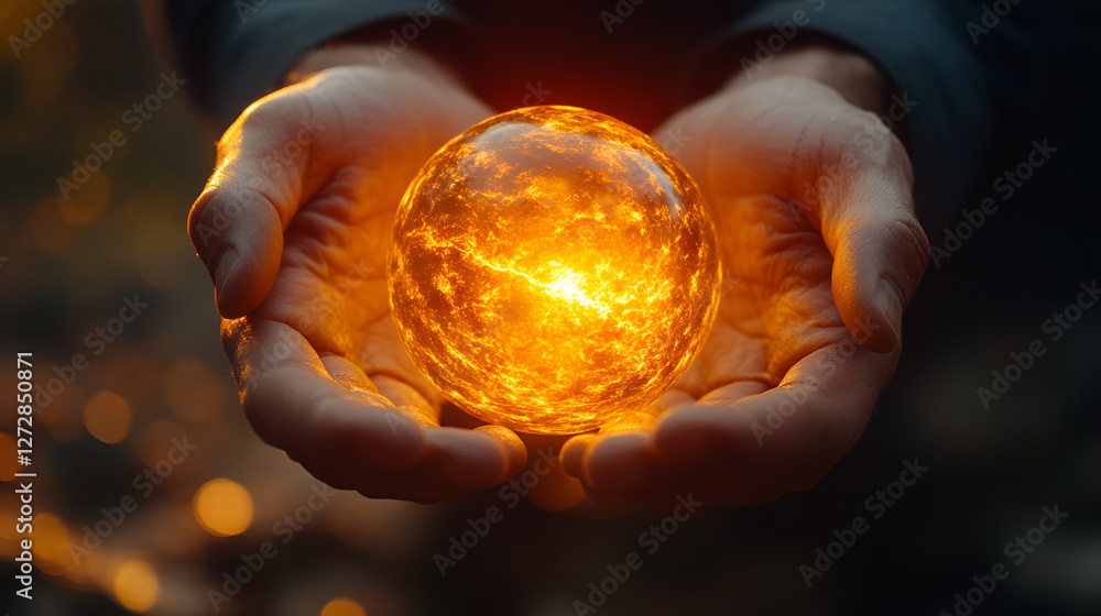 Hands holding glowing orb of magic, cosmic energy, mystical ambiance ...