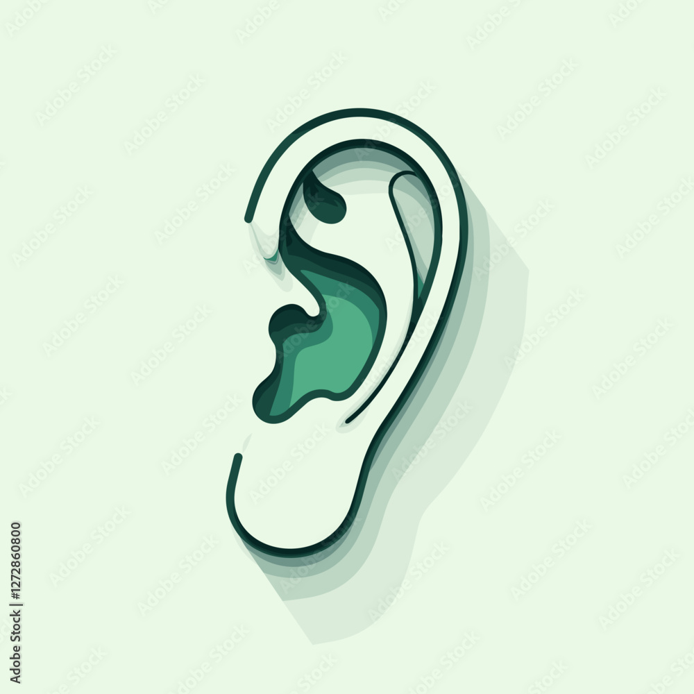 Stylized ear illustration on soft green background, sensory awareness ...