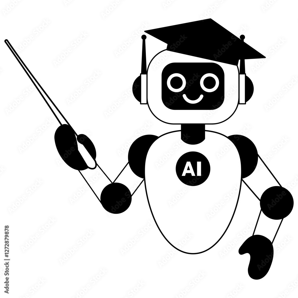 AI robot in a graduation cap with a pointer in his hands. Artificial ...