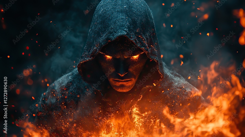 enigmatic hooded figure with hidden face in dark shadows dynamic male ...