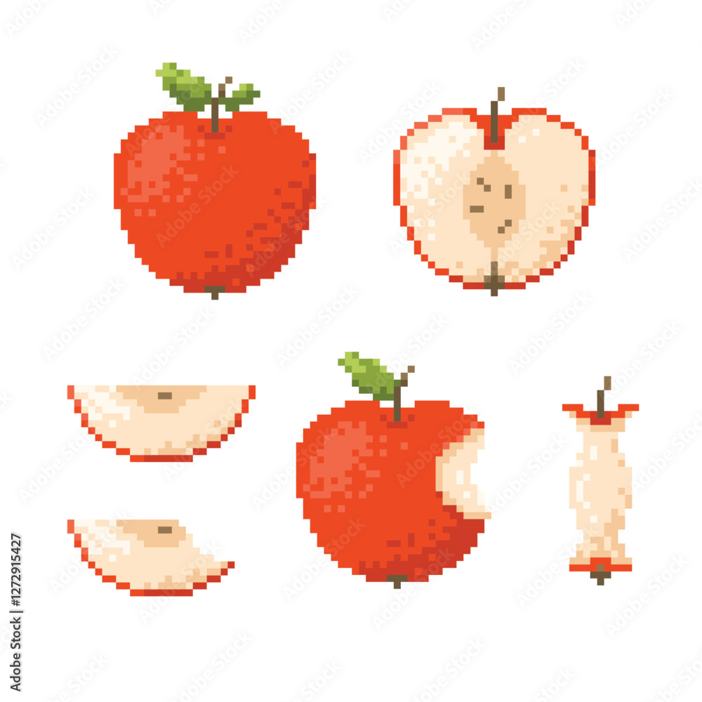 Pixel art apples collection. Fresh fruits in 8 bit retro style. Set of ...