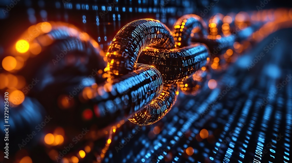 global digital blockchain network with flowing information and binary code data cells 3d ...