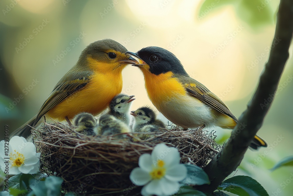 Budgerigar parents feeding their chicks in a nest amidst blooming ...