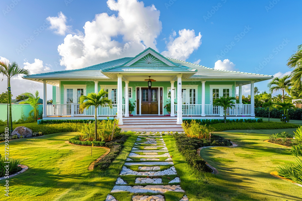 Full front view of a classic house in cool mint, with an eco-friendly ...