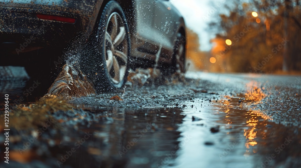 Car speeding through puddle splashing water, rainy road drive, wet ...