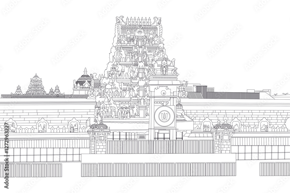 A detailed line drawing of Venkateswara Temple, Tirumala, highlighting ...