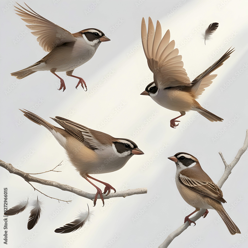 A collection of house sparrows depicted in various poses, including ...