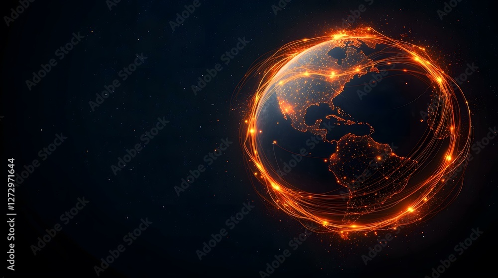 The image shows a stylized representation of Earth, with glowing orange ...