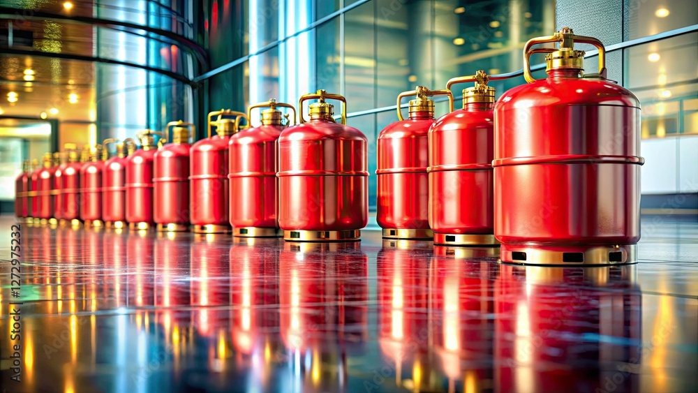 Reflective floor showcases a red gas cylinder and its golden nozzle. 4K ...