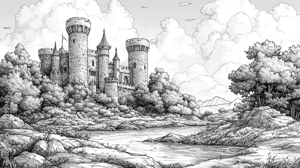 medieval fantasy scene castle encircled by moat with knights dragons ...