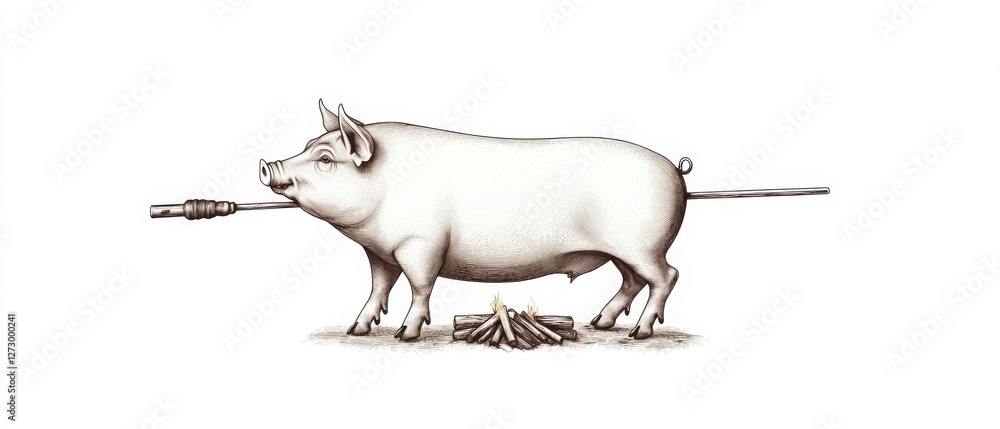 A pig roasting over a fire with an iron spit, shown in a three-quarter ...