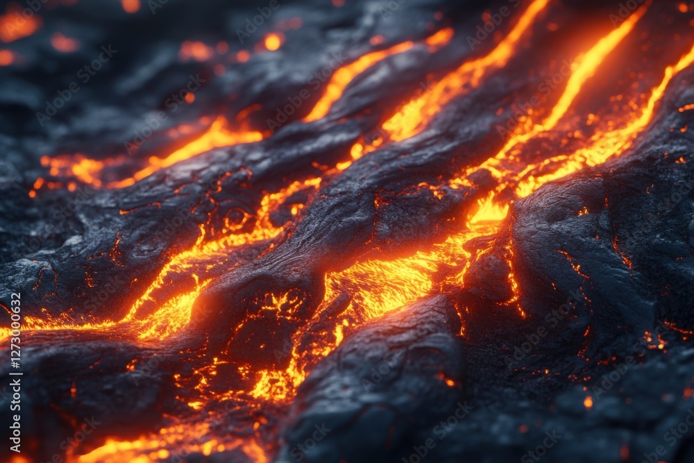 Lava Rivers in a Volcanic Eruption, molten rock flowing across rugged ...