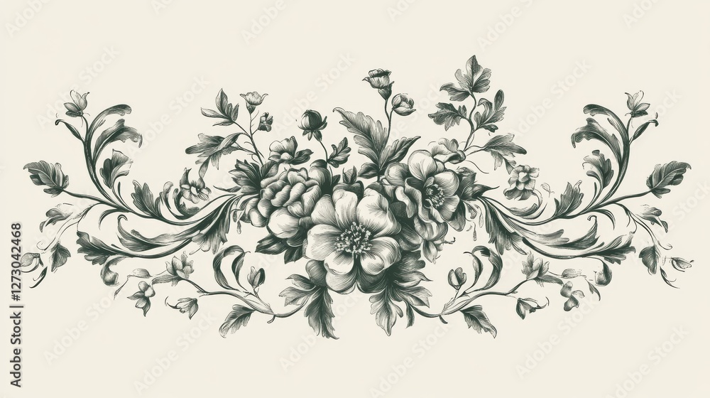 Classic ornamental border design, blooming flowers arrangement ...