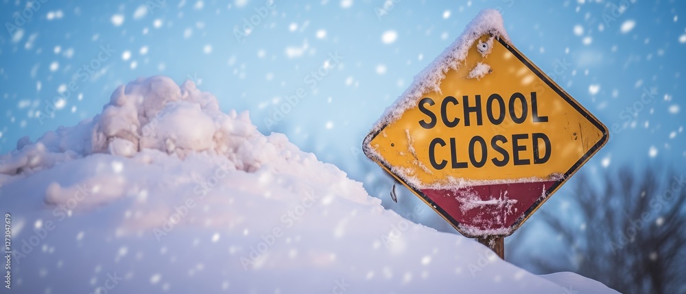 School closed sign in heavy snow, winter weather conditions causing school closures and ...