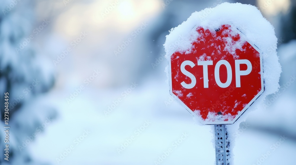 Snow-covered stop sign in winter landscape, road safety symbol in snowy ...
