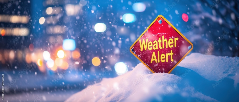 Weather alert sign in heavy snowfall warning during winter storm, urban ...