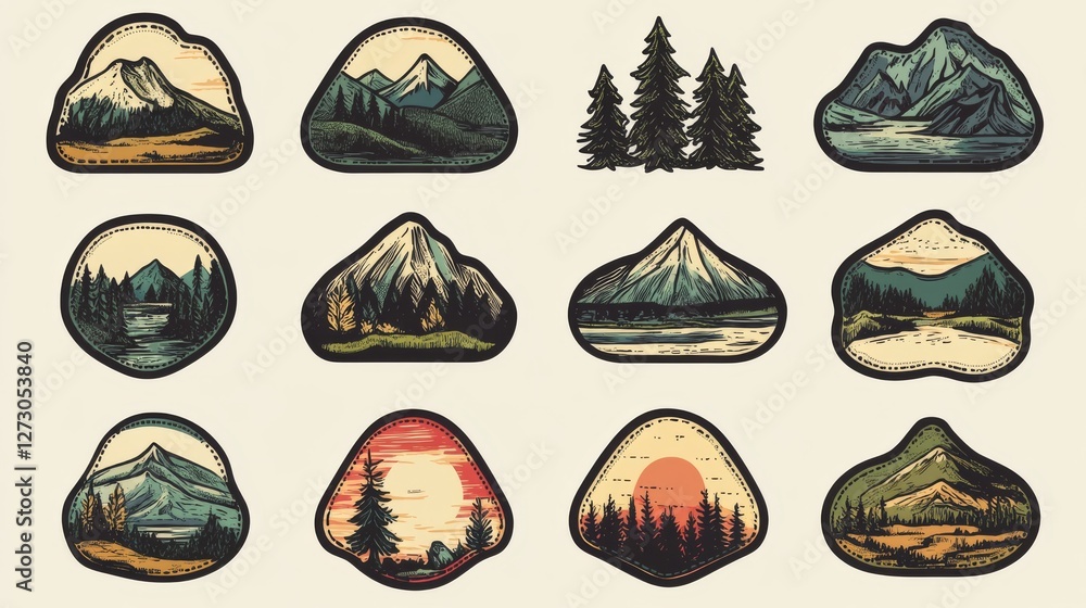 vintage outdoor patch collection, mountain vista illustrations, retro ...