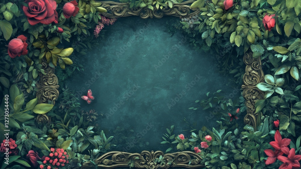 Whimsical nature-inspired frame, floral and fauna elements, symmetrical ...