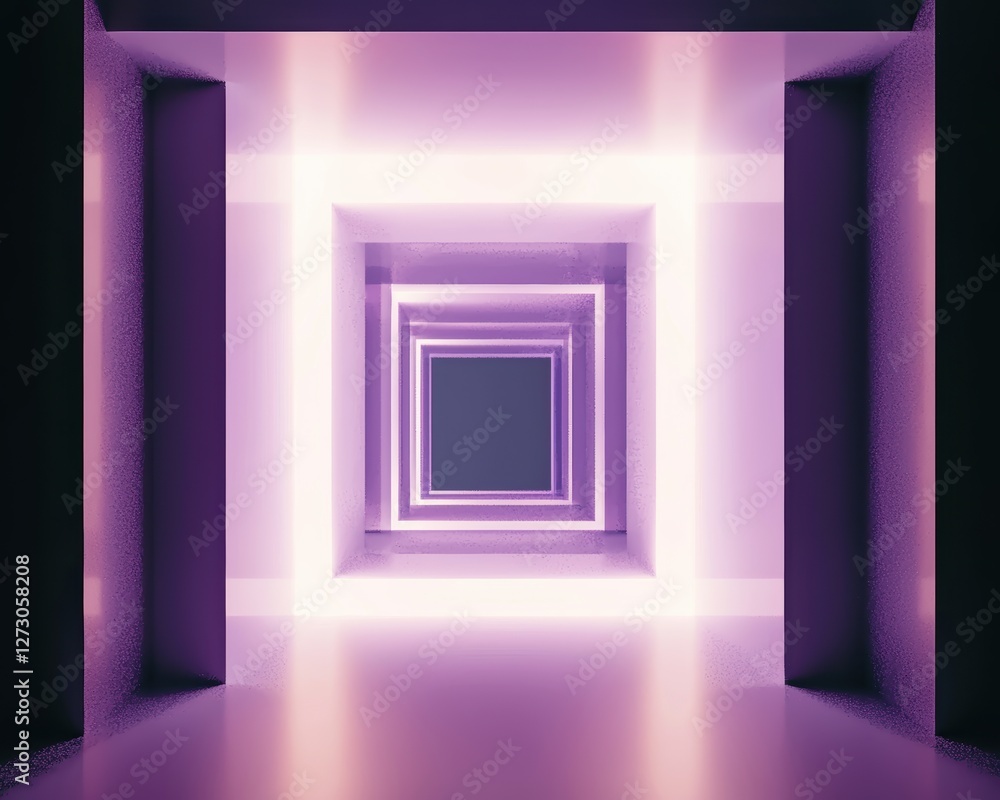 Surreal cubic tunnel with levitating translucent blocks, illuminated by ...