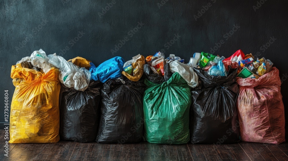 Overflowing trash bags with separated recyclables, symbolizing the need ...