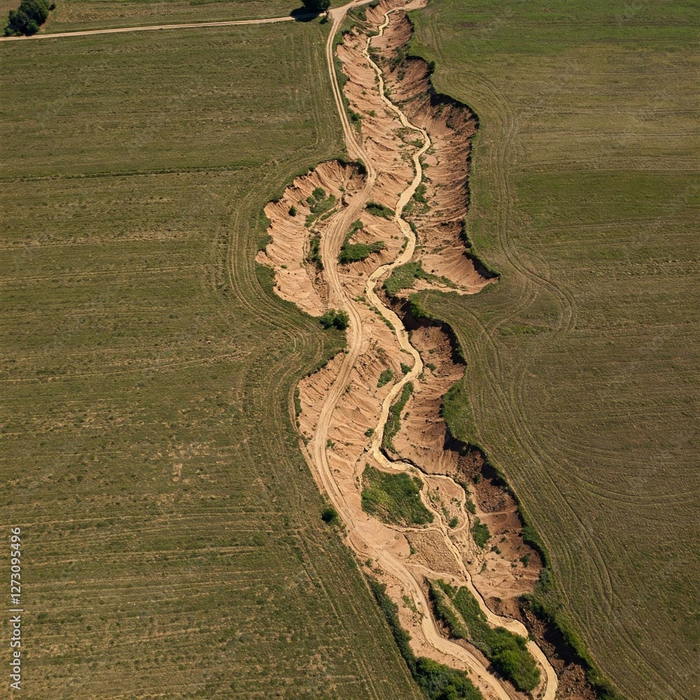 An aerial view of a deep erosion scar cutting through farmland, showing ...