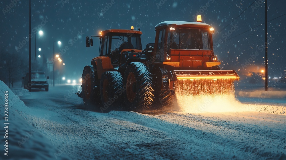 A tractor equipped with a salt spreader disperses salt to de-ice the ...