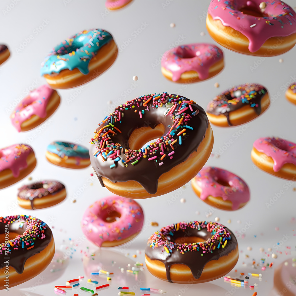 Donuts with icing, crumbles, and sprinkles that fly isolated on ...