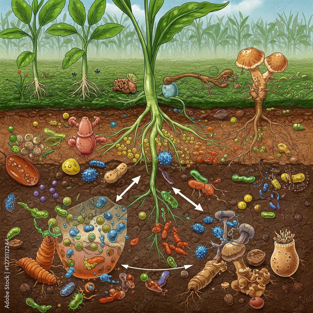 A detailed educational illustration showcasing underground soil life ...
