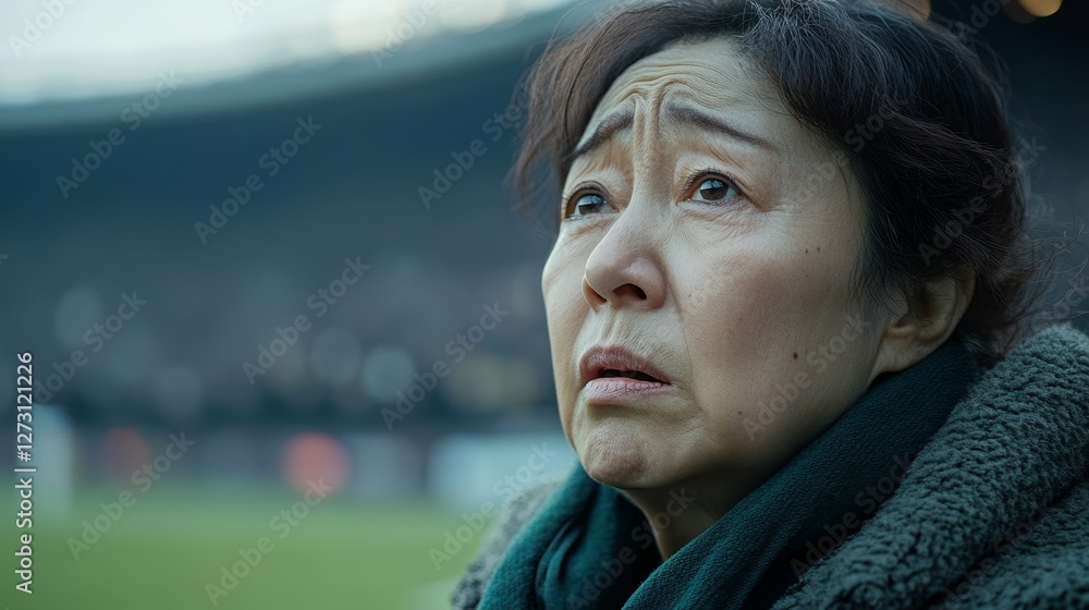 Japanese Woman with Contorted Face Expressing Anguish in Stadium Stock ...