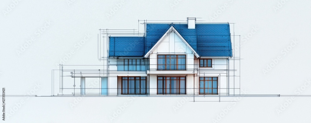 Architectural blueprint of a modern house with blue roof and open ...