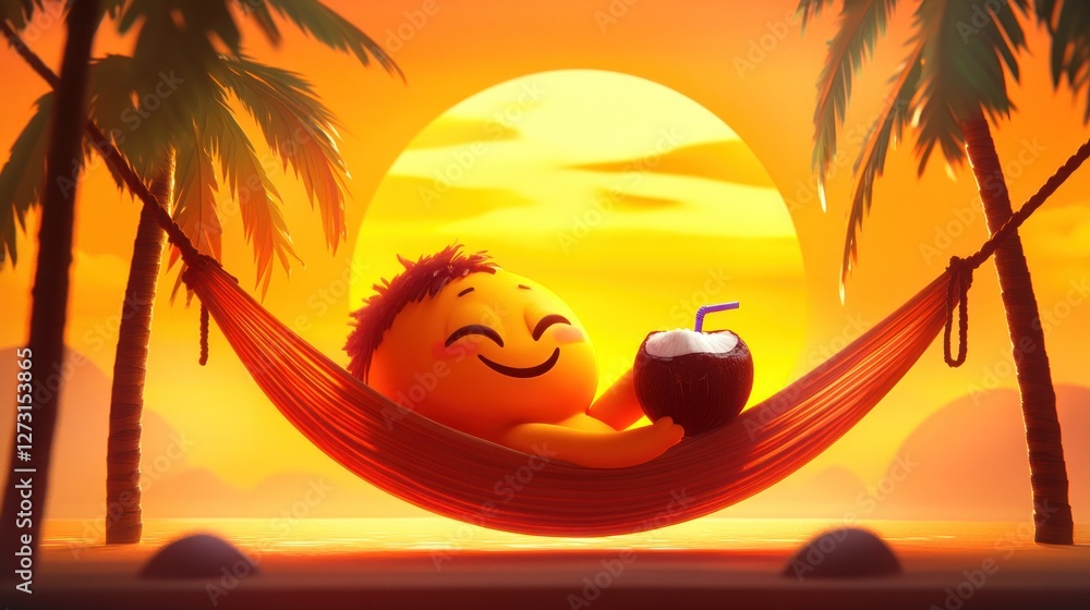 Relaxed emoji sitting in a hammock, sipping a coconut drink, palm trees behind, warm sunset ...