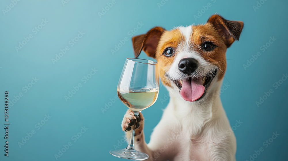 Playful jack russell terrier sitting beside wine glass, celebrating ...