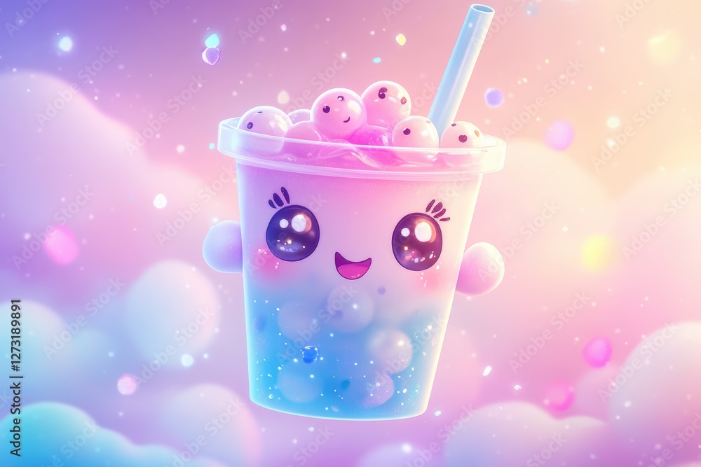 Adorable floating kawaii boba tea with sparkling elements in a dreamy ...