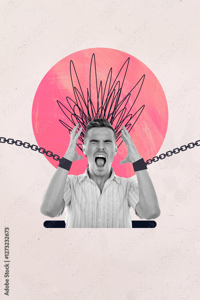 Art image vertical photo collage of angry panic man wear handcuffs trap ...