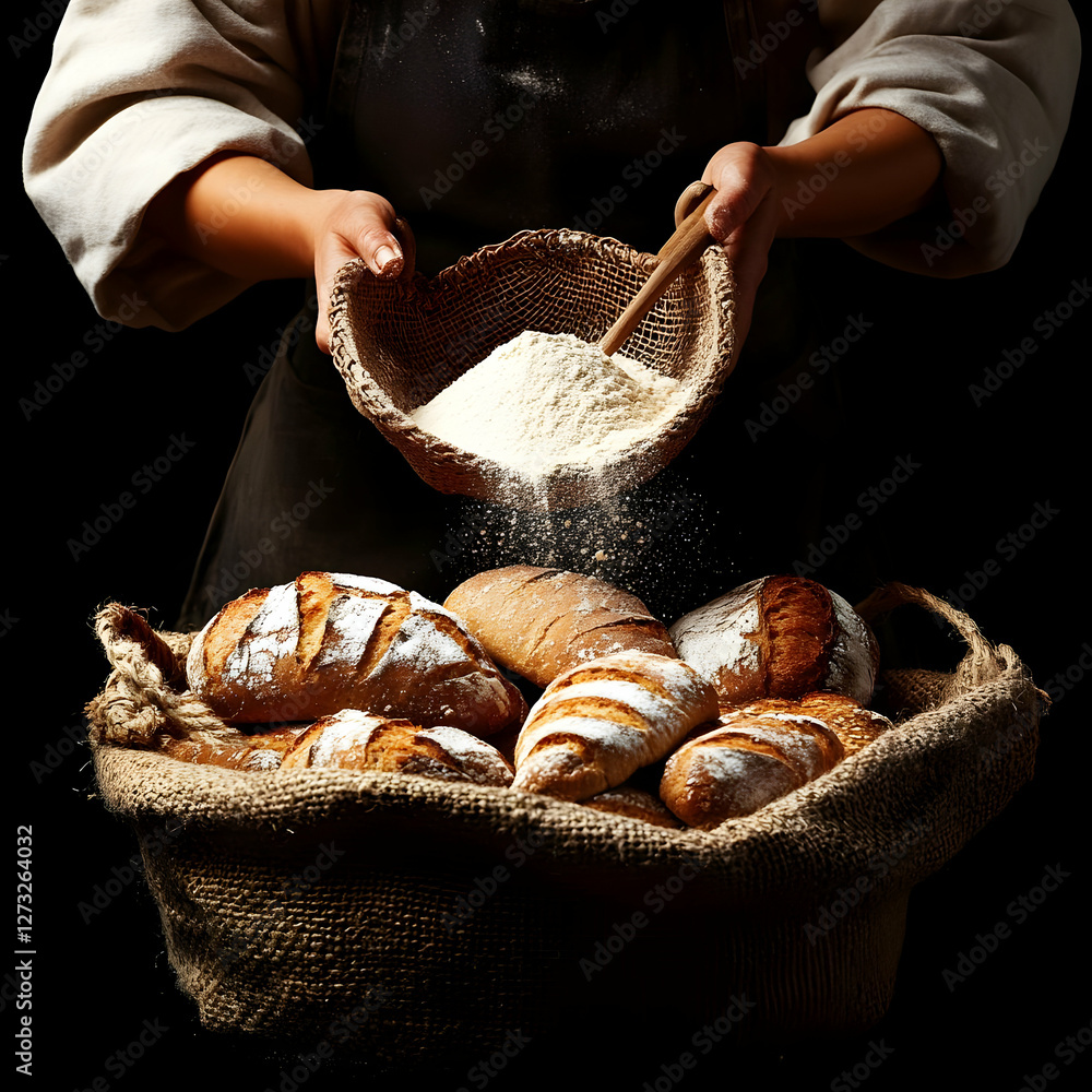 Baker pouring flour on freshly baked loaves Stock Photo | Adobe Stock