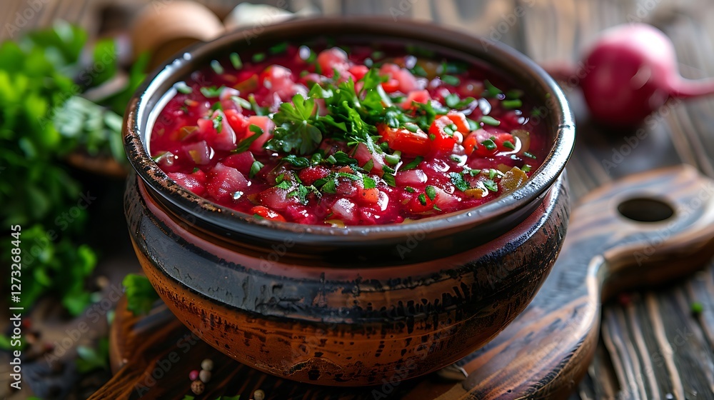 Traditional Russian borscht, a vibrant beet soup, no shadows The soup ...