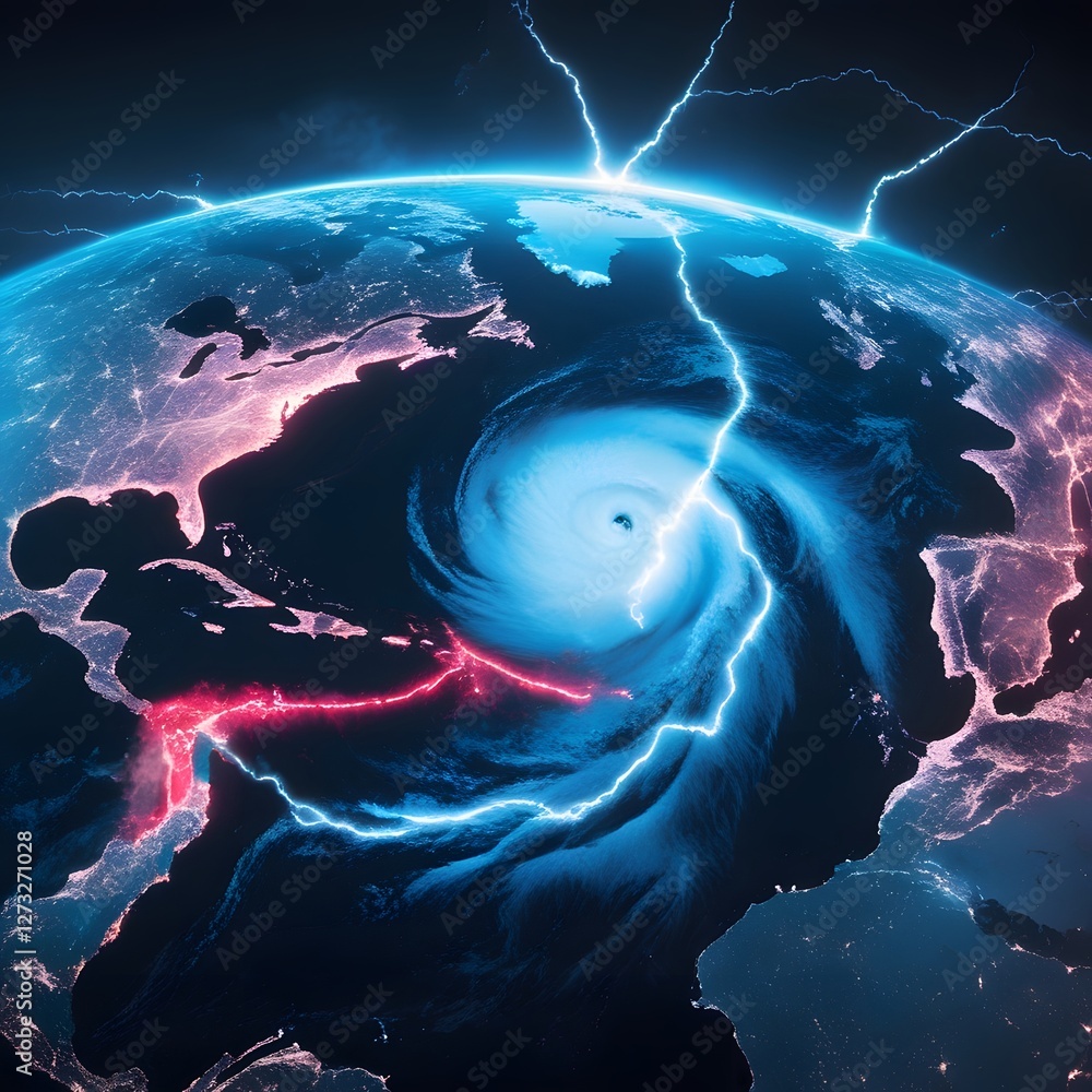 A dramatic, high-contrast satellite image of Earth showing a massive ...