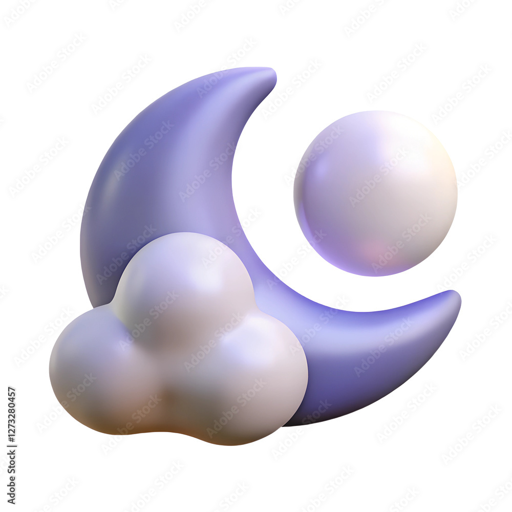 3D icon of A soft, dreamy moon partially covered by a floating cloud ...