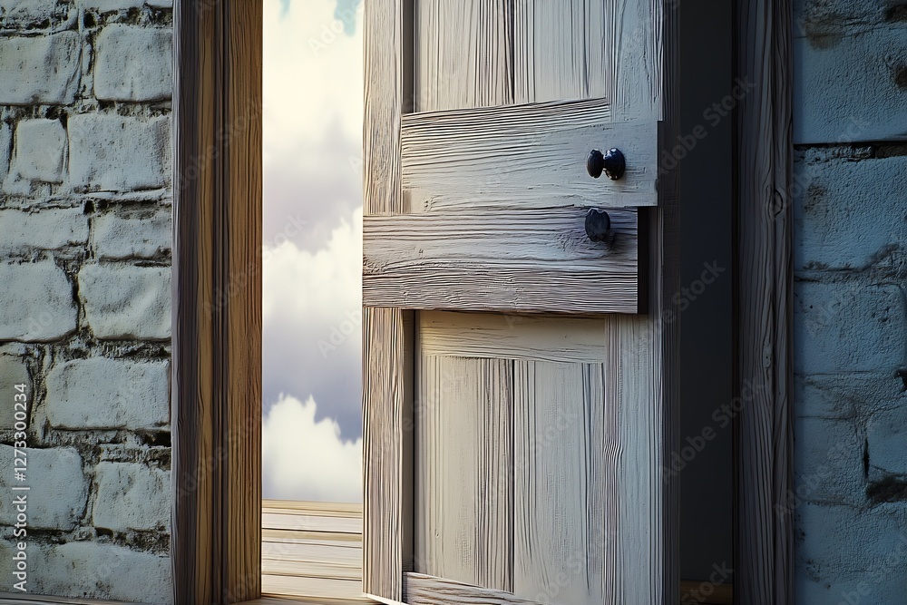 Wooden door ajar showing a glimpse of clouds in a rustic, atmospheric ...