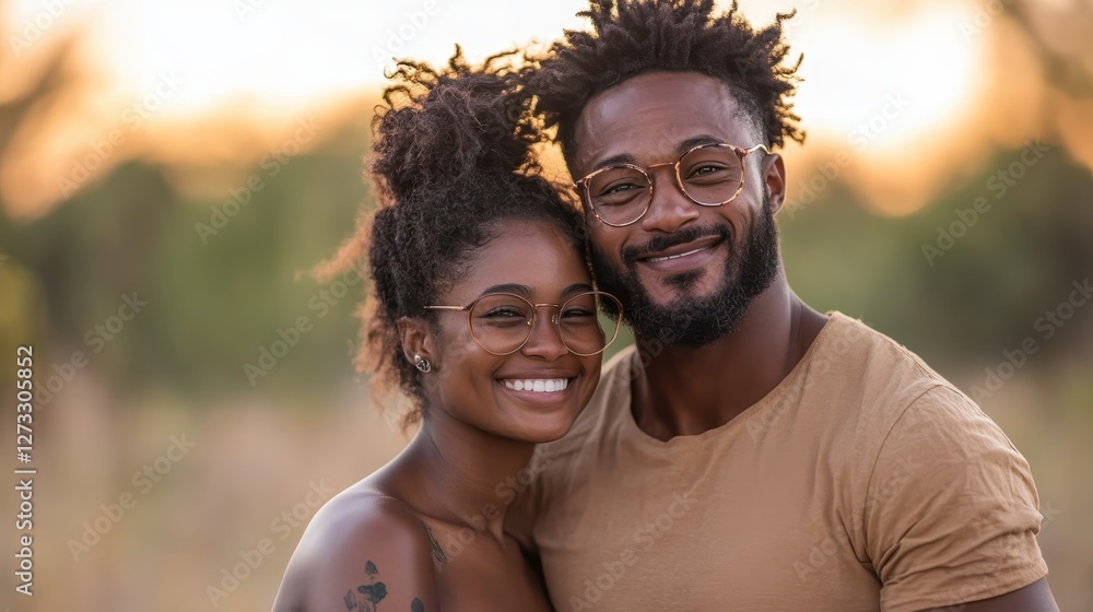 This endearing image showcases a joyful couple posing together outdoors ...