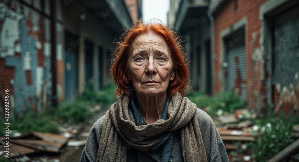 Homeless elderly redhead woman in an abandoned alley background ...