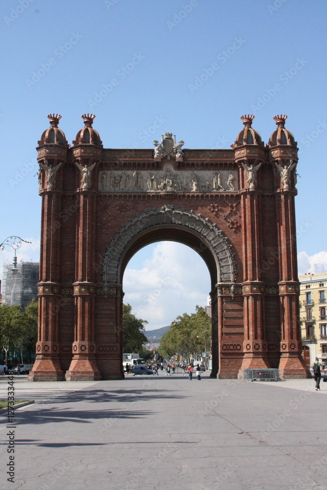 Arc de Triomf in Barcelona, full frontal view. Architectural monument ...