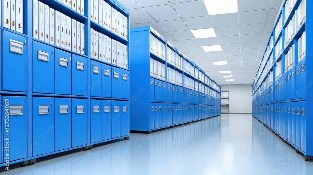 A modern archive room featuring blue filing cabinets neatly arranged in ...