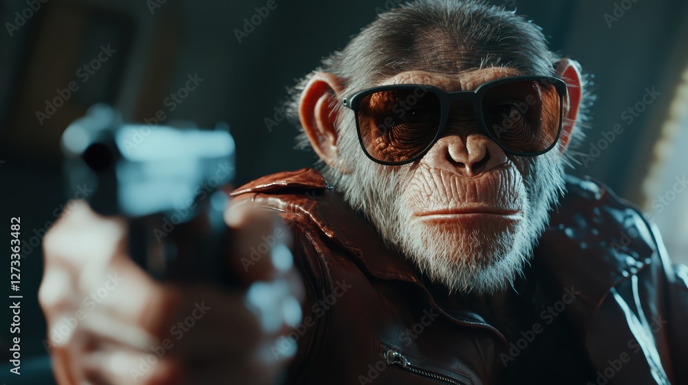 This compelling image captures a monkey dressed in a leather jacket and ...